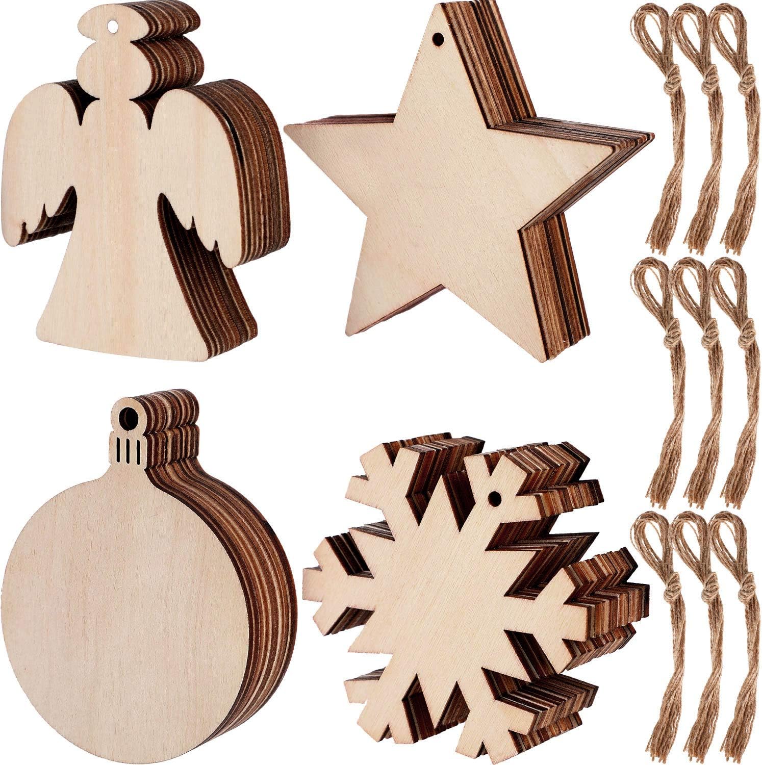 Blulu 60 Pieces Christmas Wooden Ornaments Round Wood Slices Snowflake ...